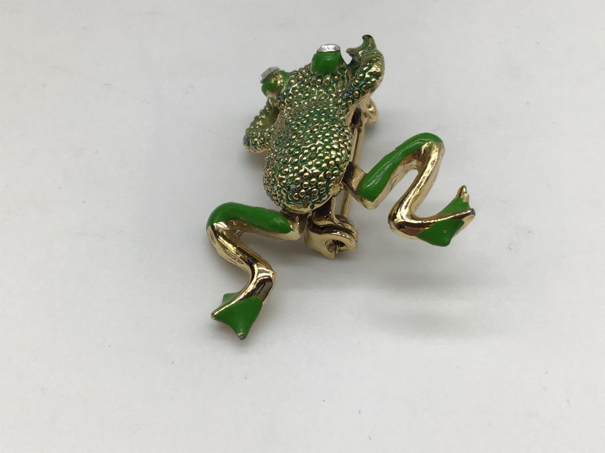 VINTAGE GREEN & GOLD SPARKLY CLIMBING FROG ¸ LEGS MOVE! BROOCH PIN ...
