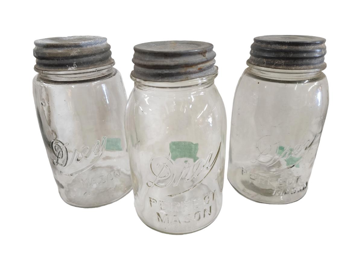 Three Drey Jars Perfect Mason 7" Zinc Lids | EstateSales.org