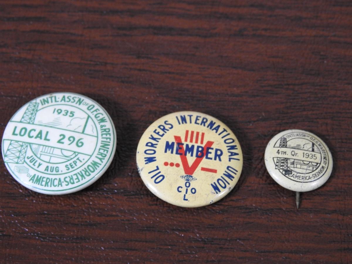 Collection of oil workers international union pins from the 1930s ...