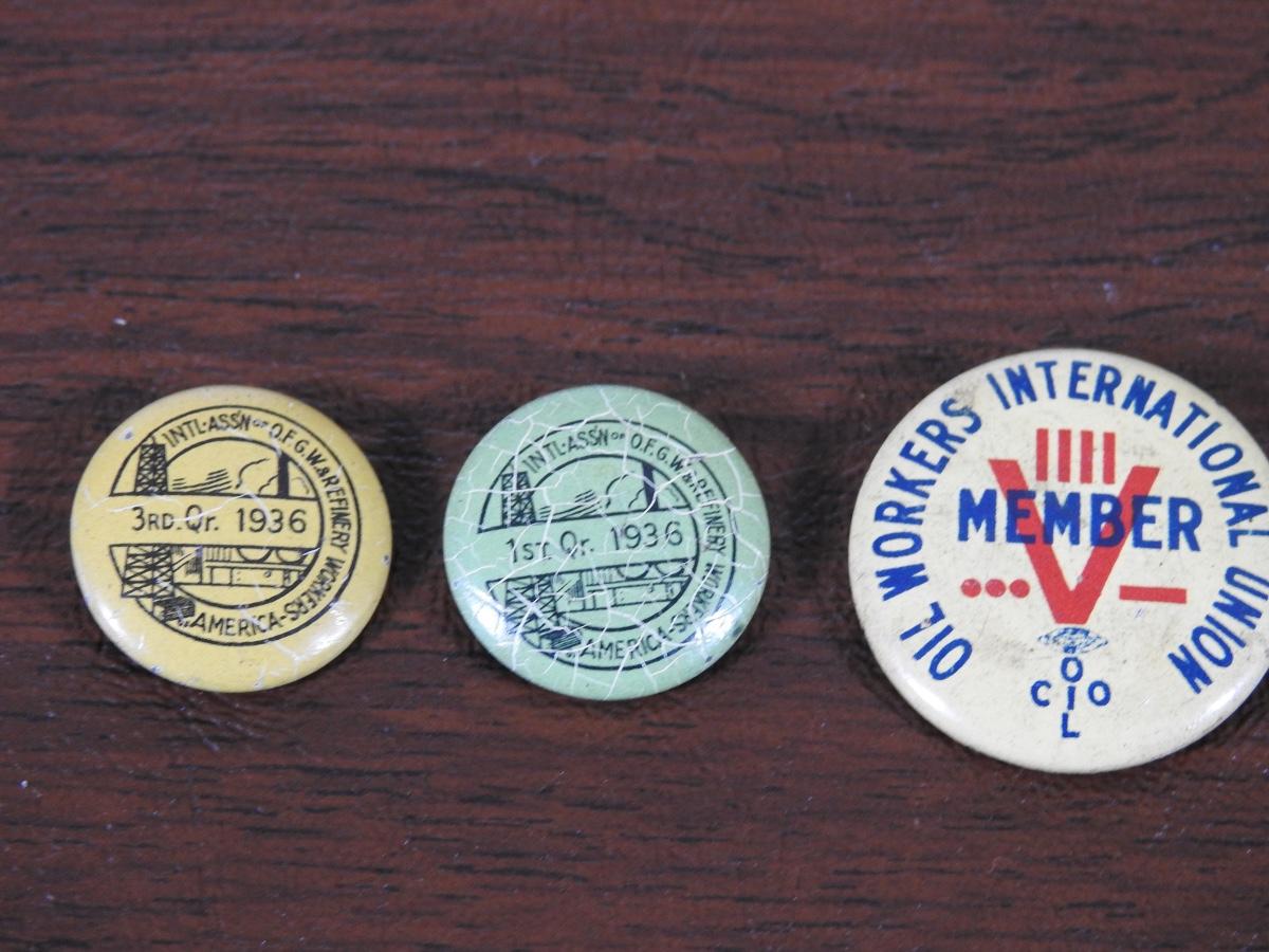 Collection of 3 American oil workers union pins from 1936 | EstateSales.org