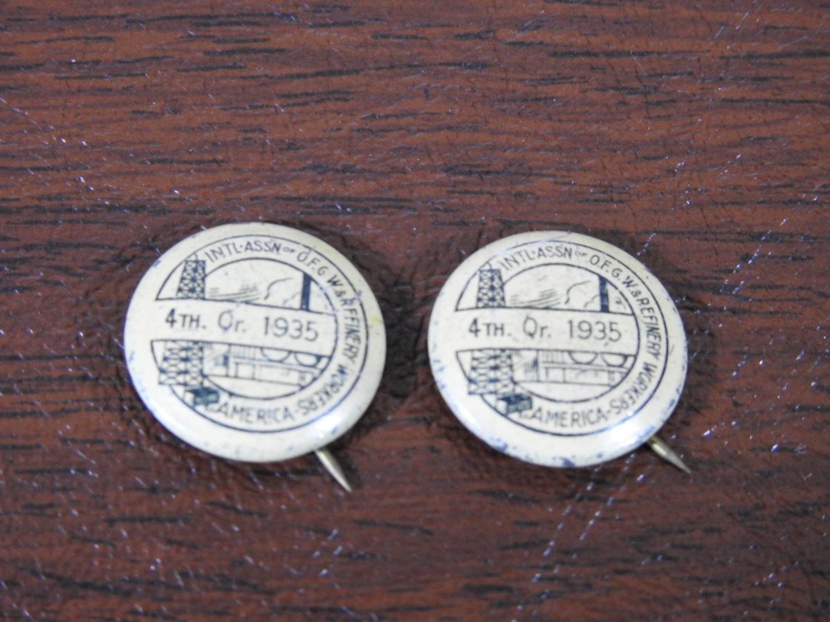 Pair of American oil workers union pins 1935 | EstateSales.org