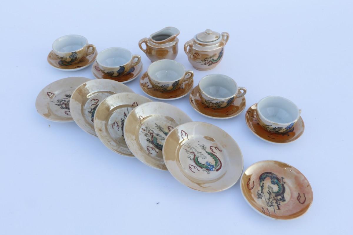 Antique Child's Play Gold "Dragon" Japanese Tea Set | EstateSales.org