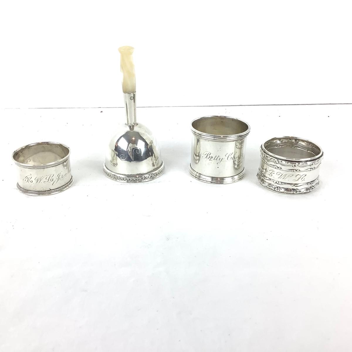 8727 Set of 3 Sterling Napkin Rings and Sterling Dinner Bell ...