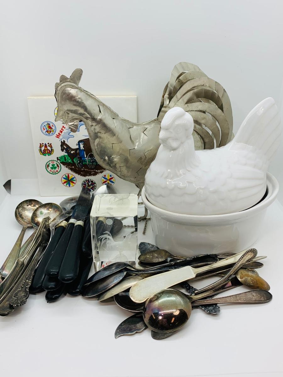 LOT 65: Ceramic Hen on Nest, Metal Rooster, Flatware & More ...
