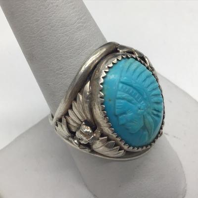 Vintage Ring Carved Turquoise Makers Mark Hard To Read. | EstateSales.org