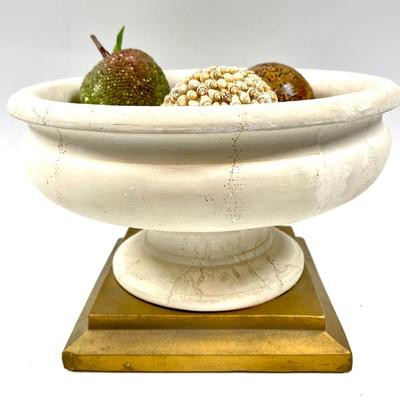 Korean Made white stone fruit bowl with gold base | EstateSales.org