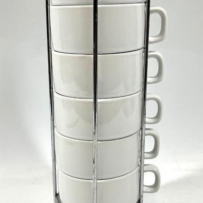 Set of 6 white World Market stackable coffee cups with metal stand ...