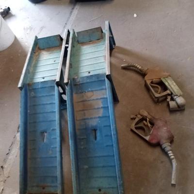 PAIR OF METAL CAR RAMPS AND 2 VINTAGE GAS PUMP HANDLES | EstateSales.org