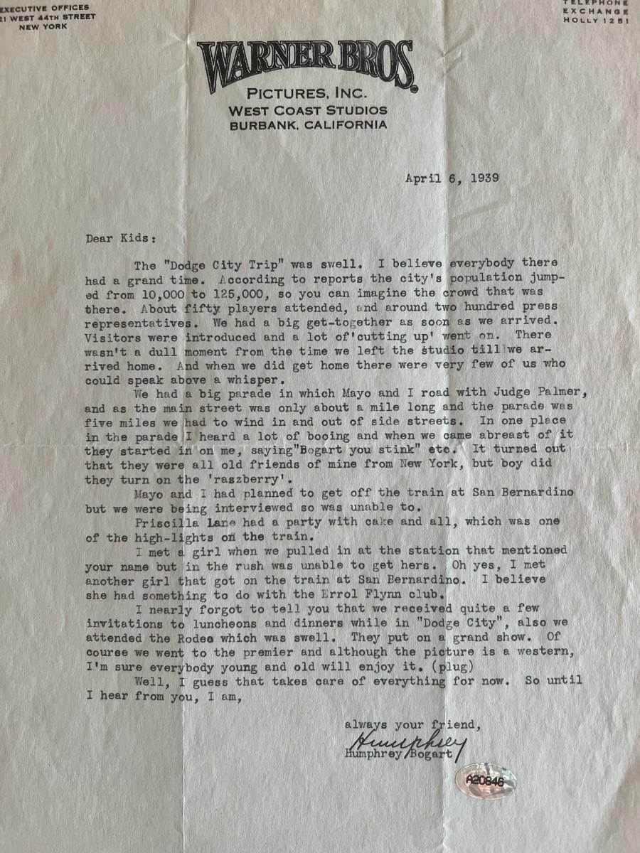 Warner Brothers Humphrey Bogart signed letter. ACE authenticated ...
