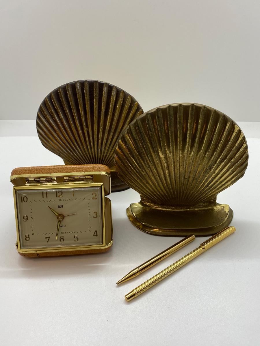 LOT 89: Brass Seashell Bookends, Vintage Alarm Clock & Goldtone Pen and ...