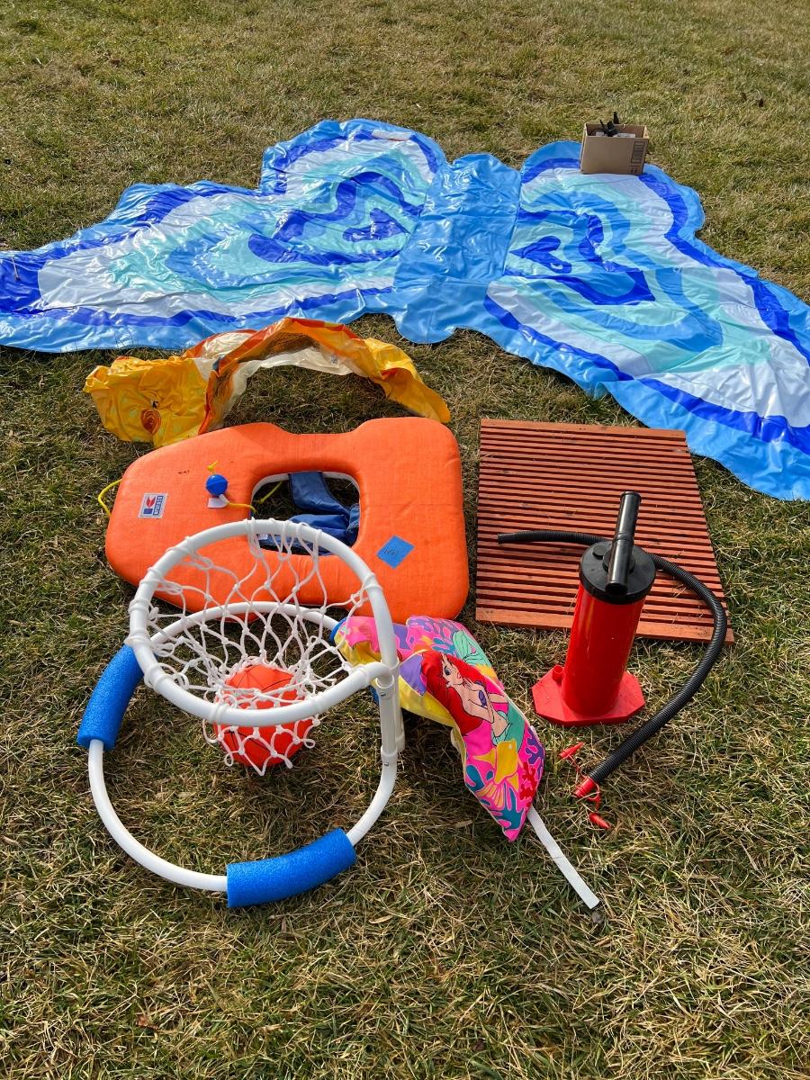 Lot of 8 Assorted Pool toys: Basketball & net, teak shower drain vent ...