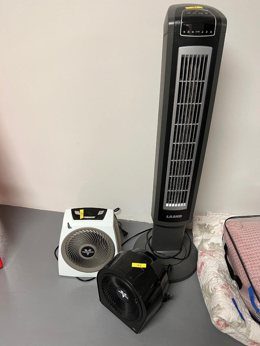 Lot of 3: Alasko Air Ion Tower Fan; Small round black Vornado velocity ...