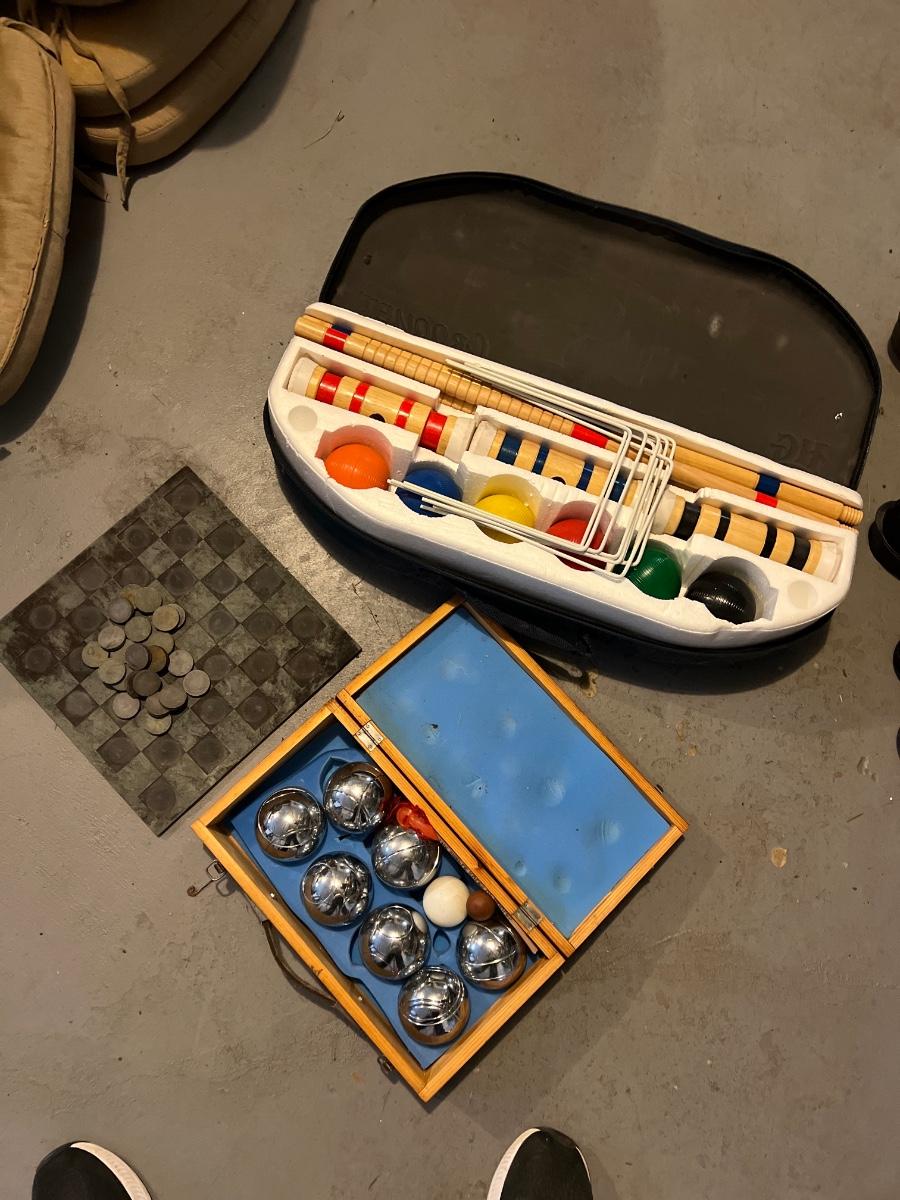 Lot of 3: 1. Slate Checkers Set; 2. Croquet set with carrying case; 3 ...