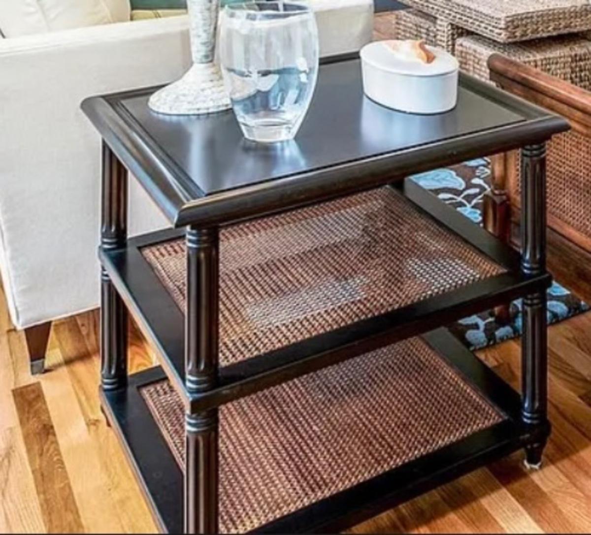 1574 Dark Brown Mahogany Two Tier Wicker Shelf Table | EstateSales.org