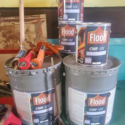 LOT 119: Flood Penetrating Wood Finish Five Gallon Buckets, Brushes ...