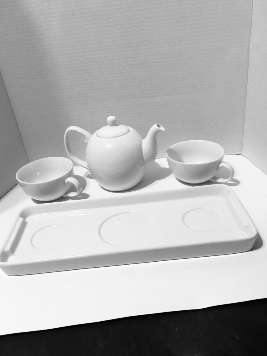 Pier 1 Ceramic Tea Set Pot Cups Tray