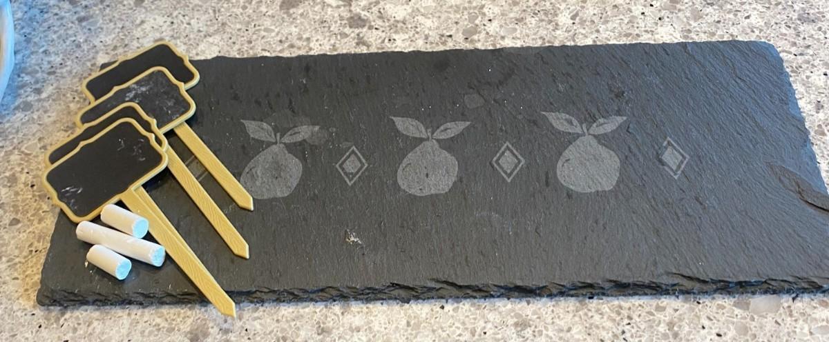 slate cheese slab with mini chalk board signs | EstateSales.org