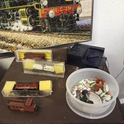 GREAT MINIATURE TRAIN SET, TRACKS, ACCESSORIES AND TWO WOODEN 3 SHELF ...