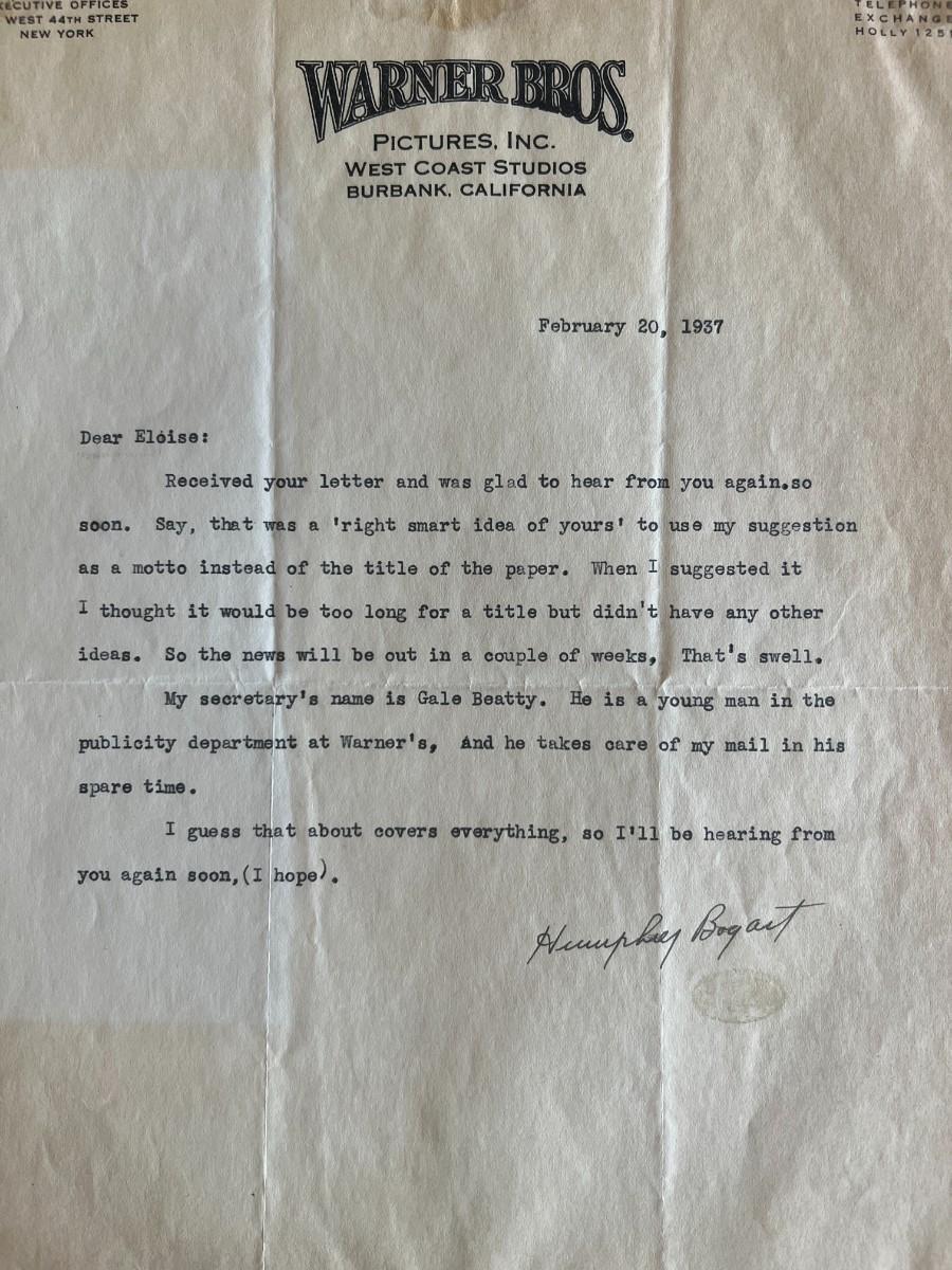 Warner Brothers Humphrey Bogart signed letter | EstateSales.org