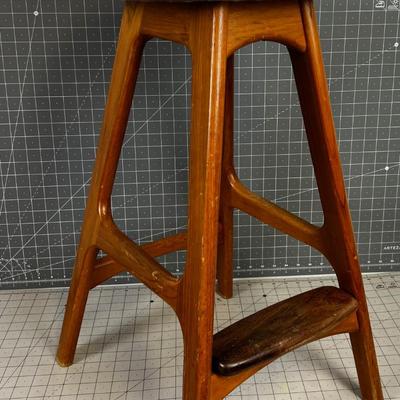 Danish MCM Stool - Teak Wood and Brown Leather Seat | EstateSales.org