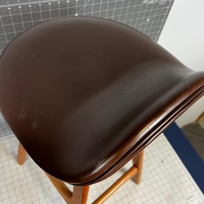 Danish MCM Stool - Teak Wood and Brown Leather Seat | EstateSales.org