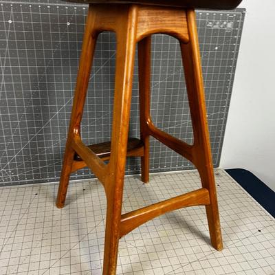 Danish MCM Stool - Teak Wood and Brown Leather Seat | EstateSales.org