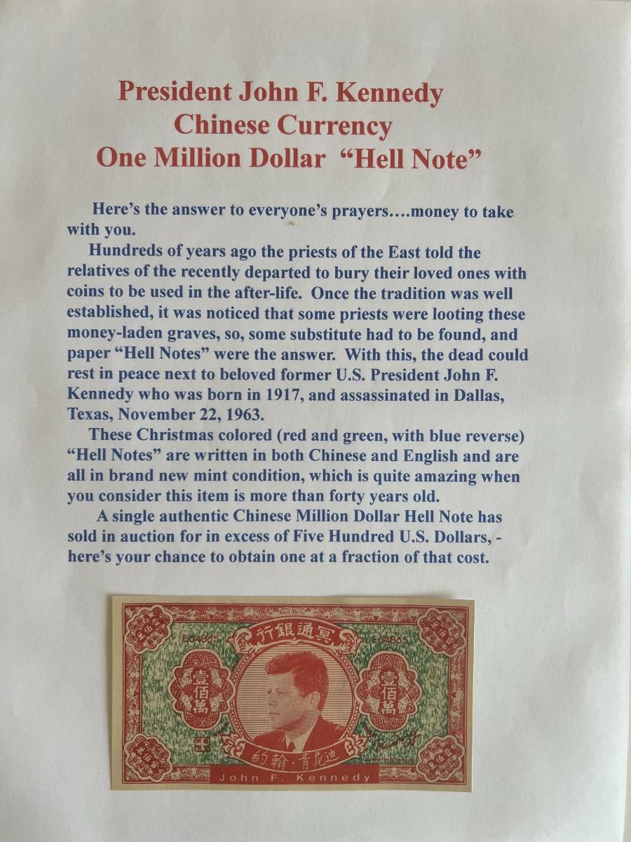 John F. Kennedy Authentic Chinese Hell Note | EstateSales.org