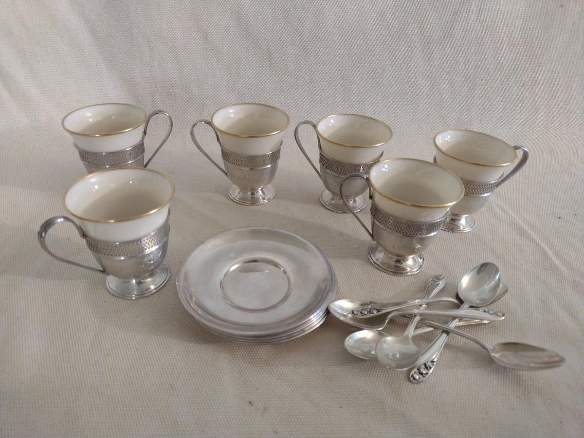 Set of Six Sterling Silver Lenox Demitasse Set includes Saucer, Spoon ...