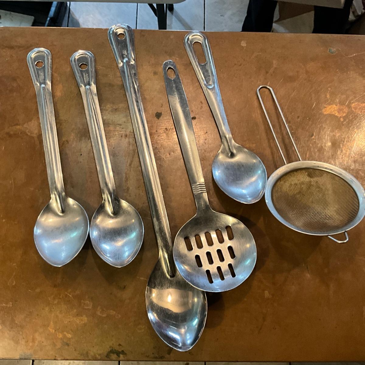 410 Lot of Commercial Stainless Steel Spoons, Strainer | EstateSales.org