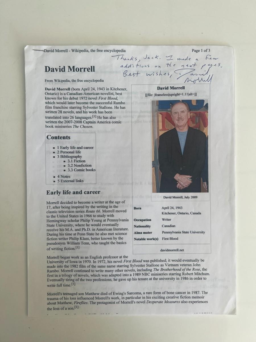 Best-selling Rambo author David Morrell signed printed bio ...
