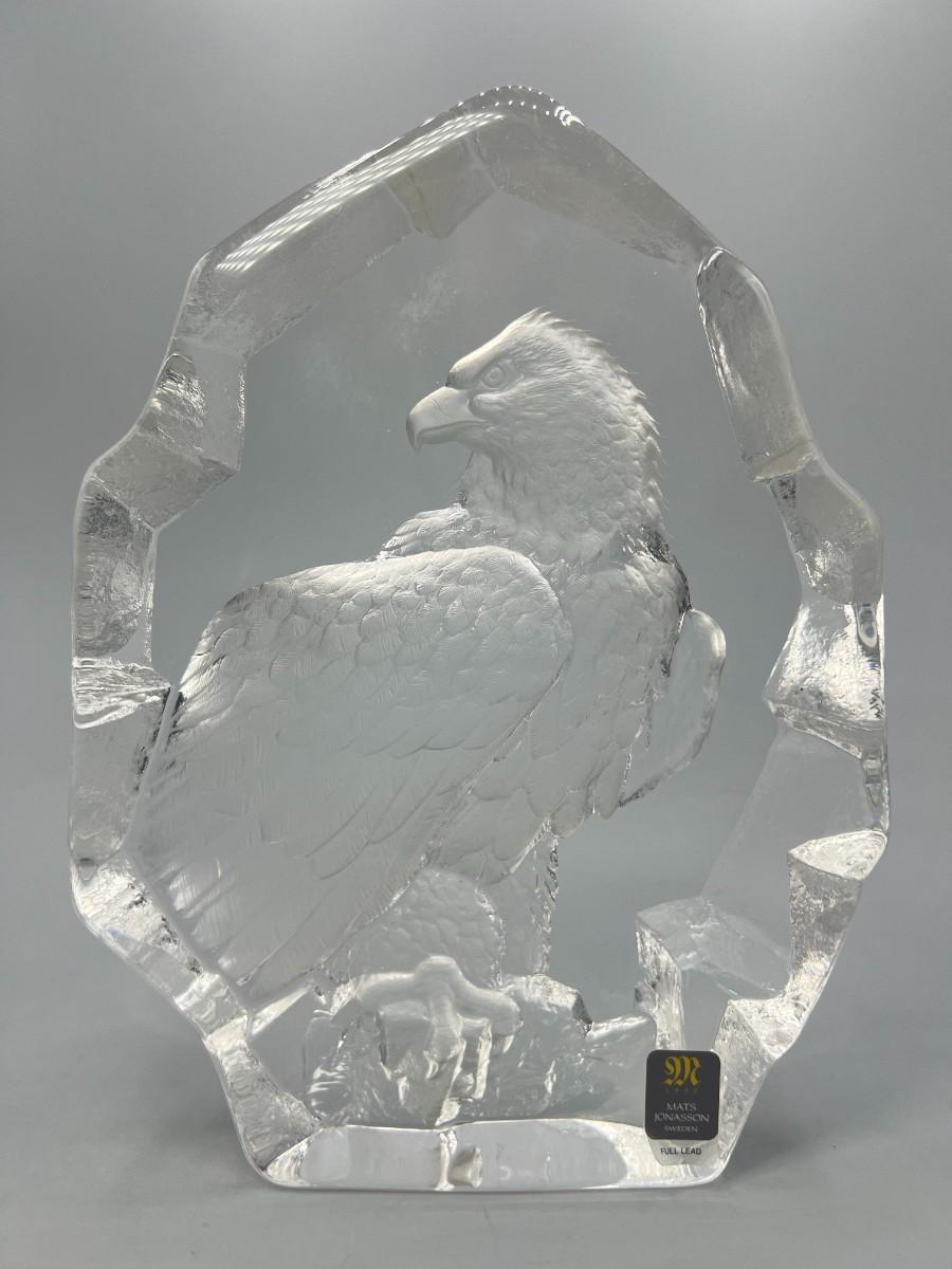 Mats Jonasson Art Glass Eagle Sculpture Full Lead Crystal Glass Bald