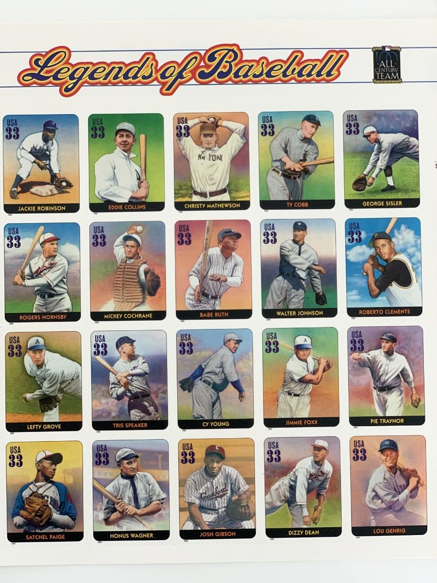 Legends of Baseball, Full Sheet of 20 x 33-Cent Postage Stamps, USA ...