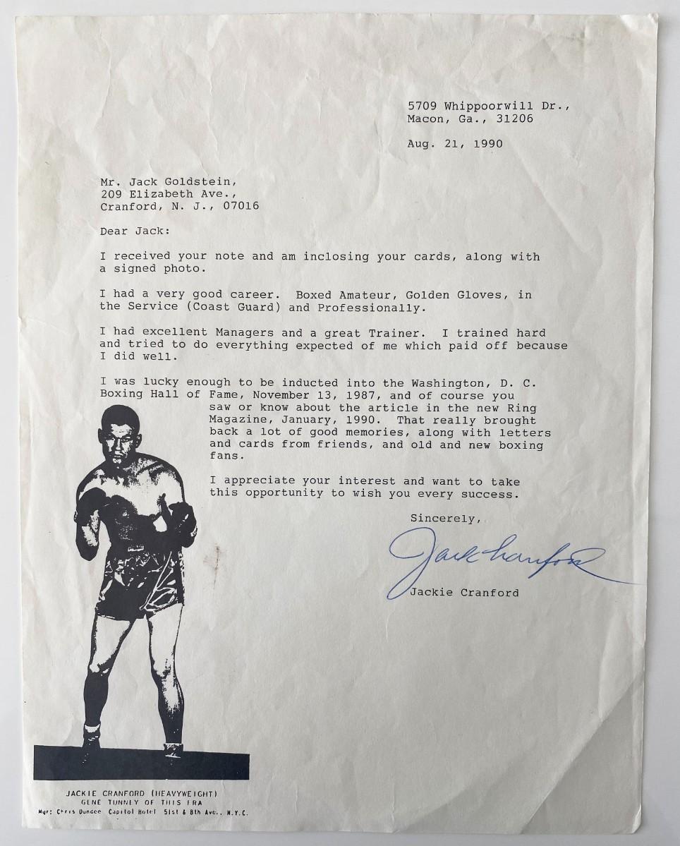 Boxing HOF Jackie Cranford signed letter | EstateSales.org