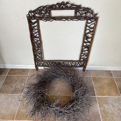 ANTIQUE TWIG FIREPLACE SCREEN AND A DRIED FOLIAGE WREATHE | EstateSales.org