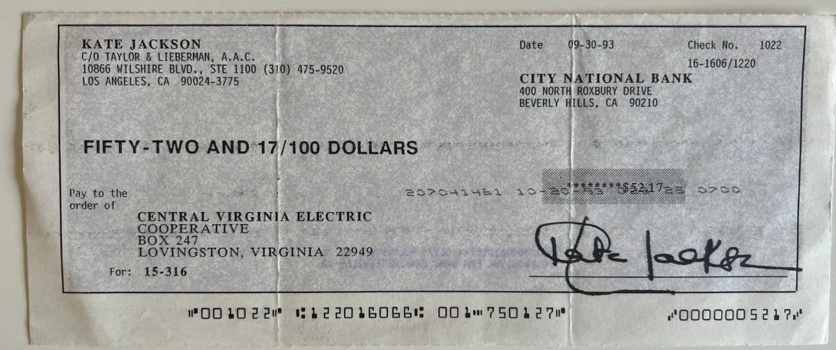 Kate Jackson signed check. GFA authenticated | EstateSales.org