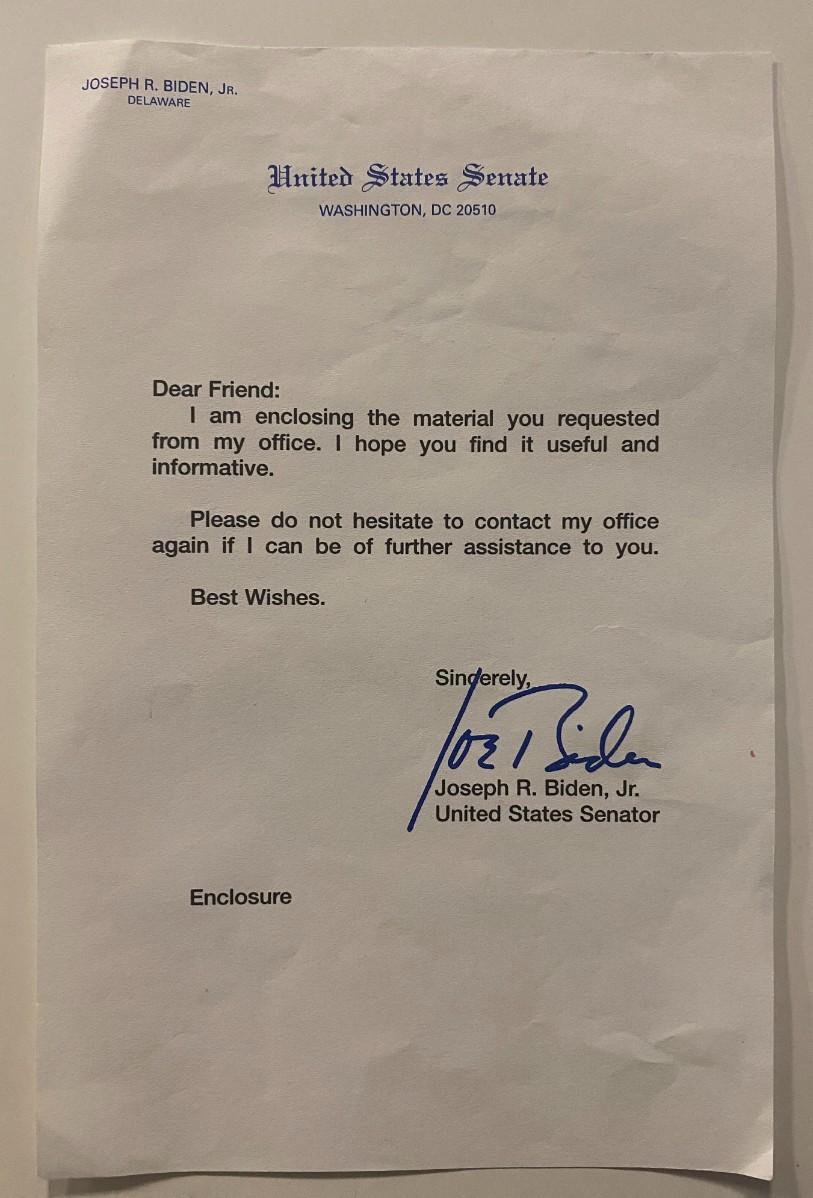 US Delaware Senator Joseph r. Biden Jr facsimile signed letter ...