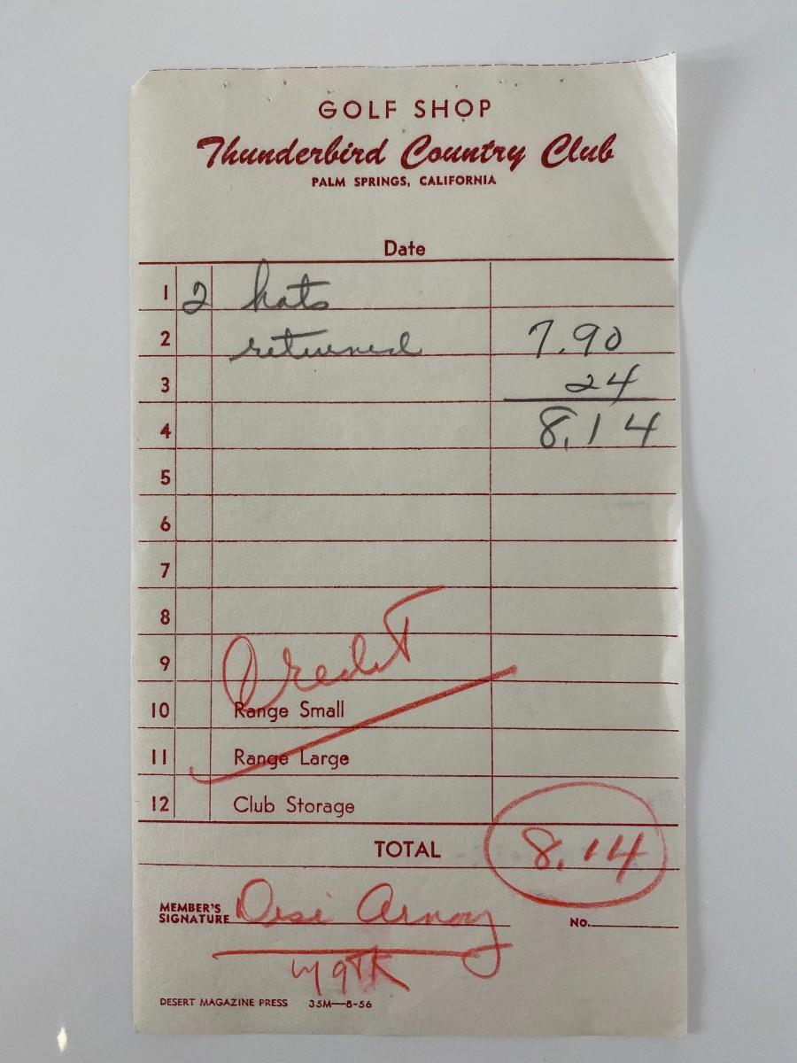 Desi Arnaz signed Thunderbird Country Club receipt | EstateSales.org