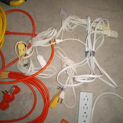 VARIETY OF EXTENSION CORDS, BOX FAN, SURGE BOXES AND HALOGEN WORK LIGHT ...