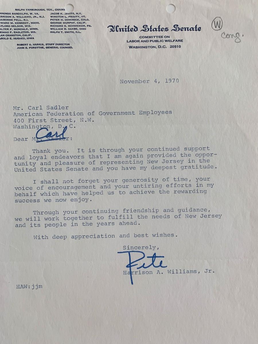 Senator Harrison A. Williams Jr. Signed Letter | EstateSales.org