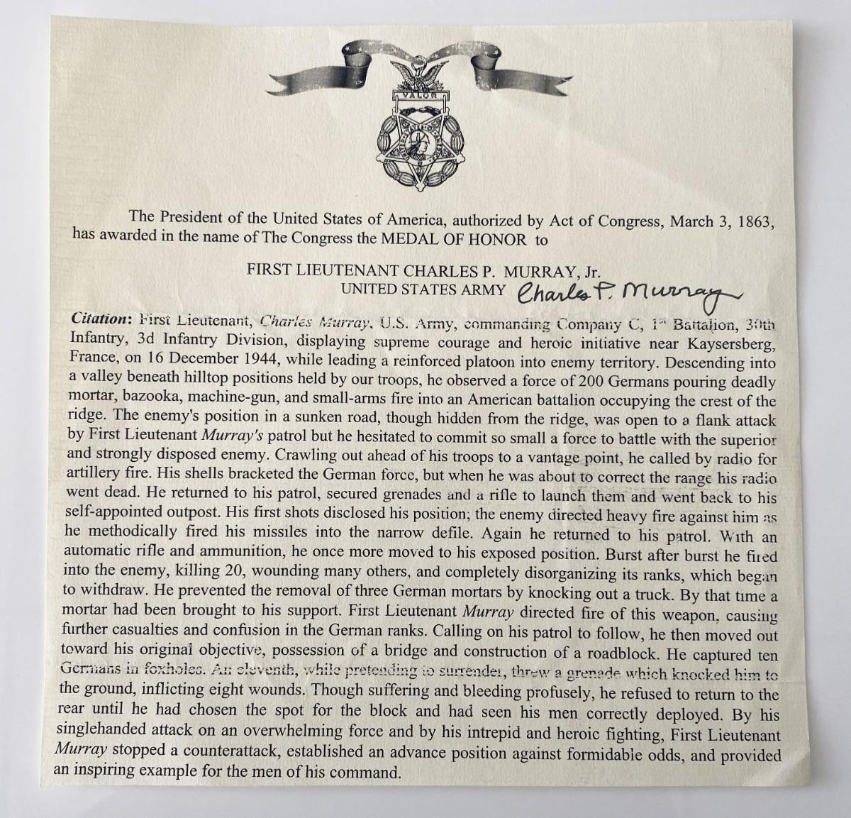 Charles P. Murray Jr. signed Medal of Honor letter | EstateSales.org