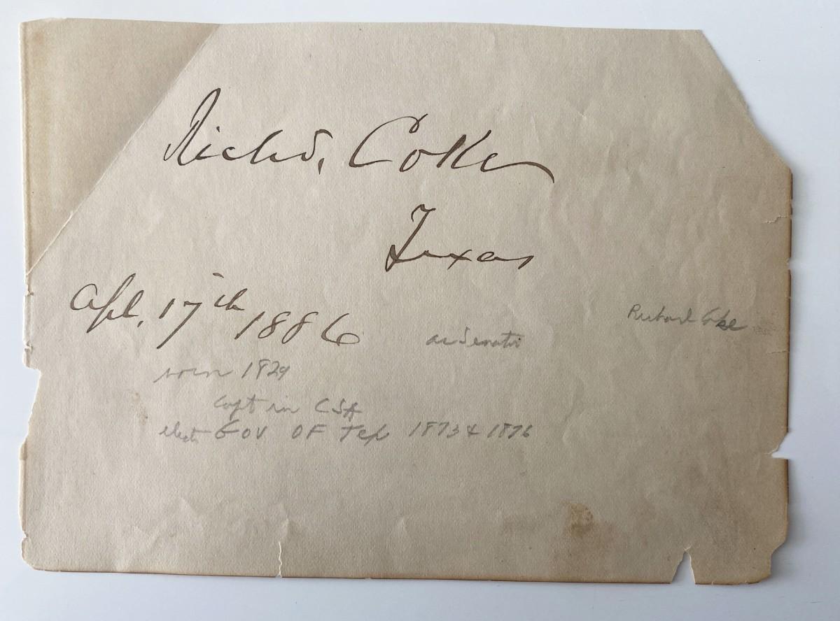 Governor TX Richard Coke signed note | EstateSales.org