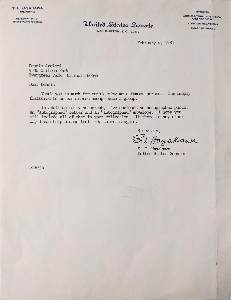 US Senator S.I. Hayakawa signed letter | EstateSales.org