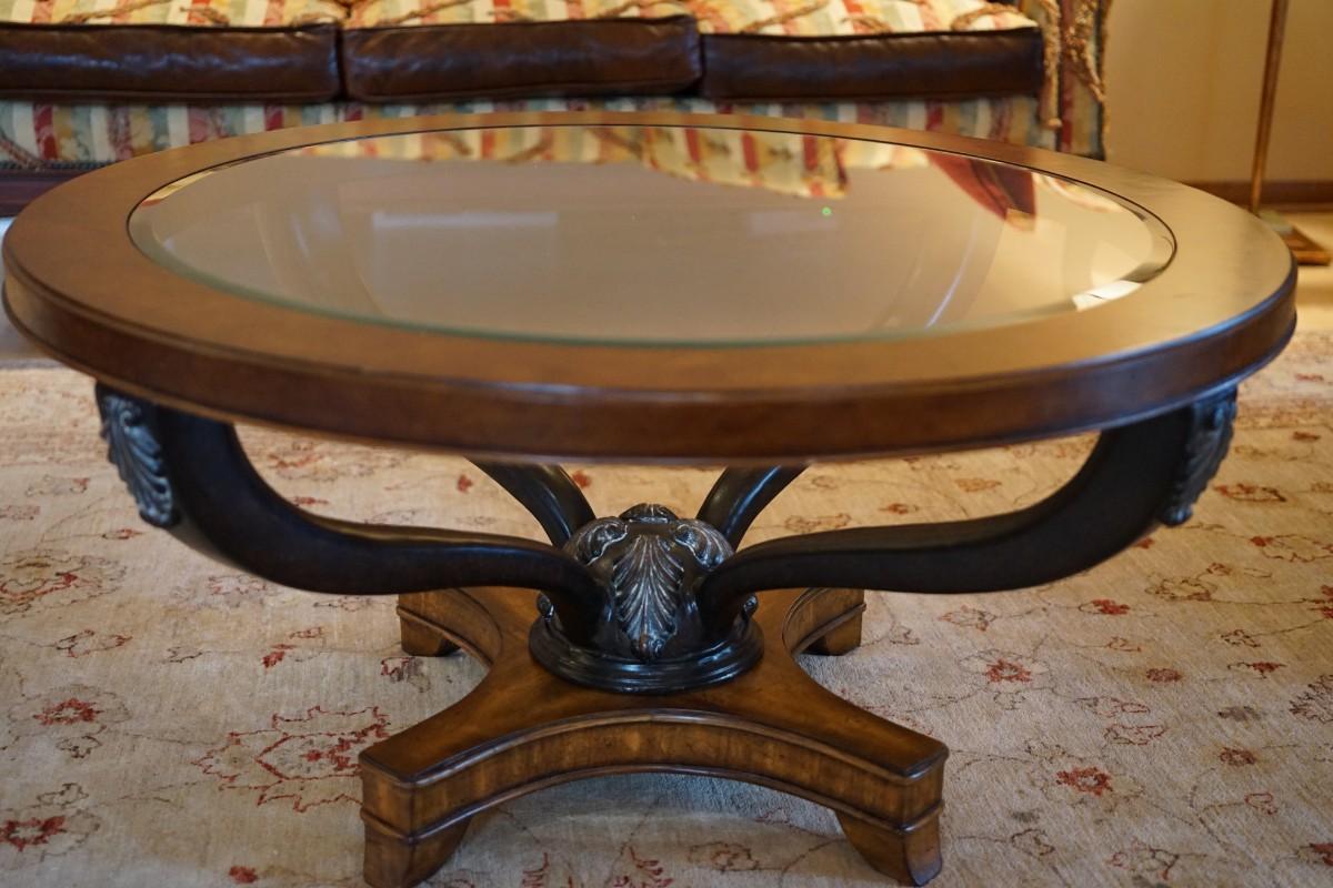 NEOCLASSICAL STYLE ROUND BEVEL GLASS W/ CARVED WOOD BASE VENEERS OF ...