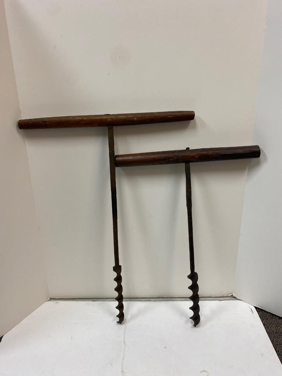Pair of Antique Primitive Wood T Handle Auger Bit Drill | EstateSales.org
