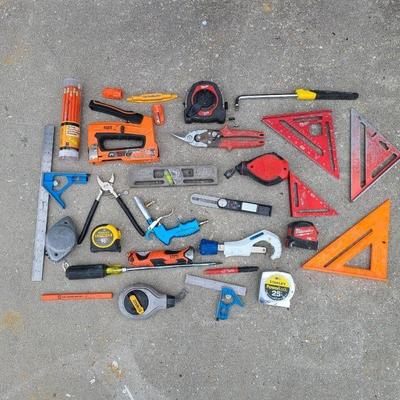 MISCELLANEOUS TOOL LOT w/Hercules Bag - Tape Measure, Speed Squares ...