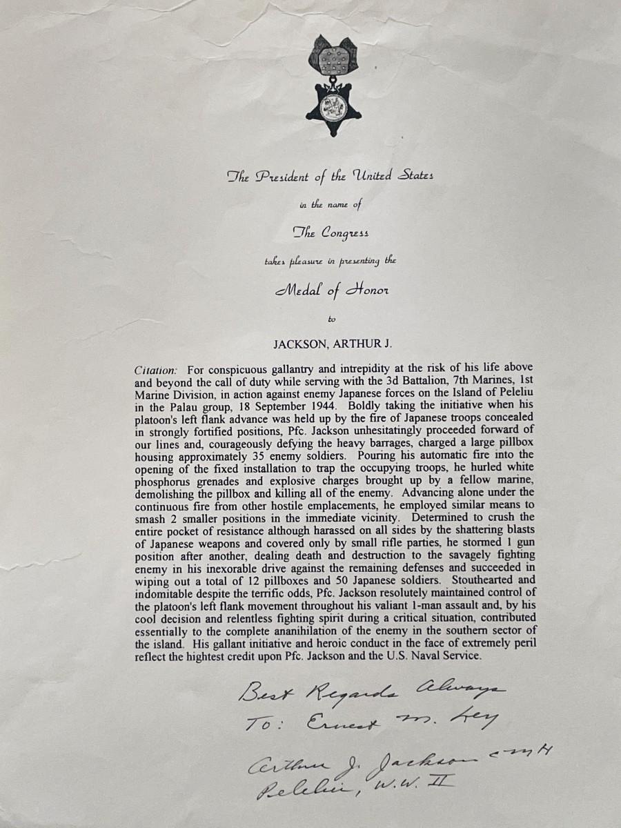 WWII Arthur J. Jackson signed Medal of Honor citation | EstateSales.org