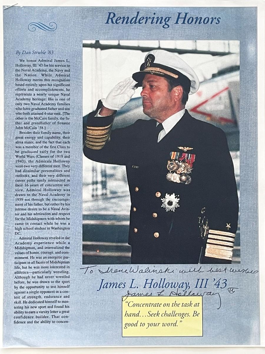United States Navy Admiral James L. Holloway III signed honors sheet ...