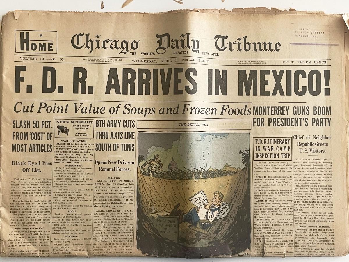 1943 Chicago Daily Tribune - F.D.R Arrives in Mexico - Original Vintage ...