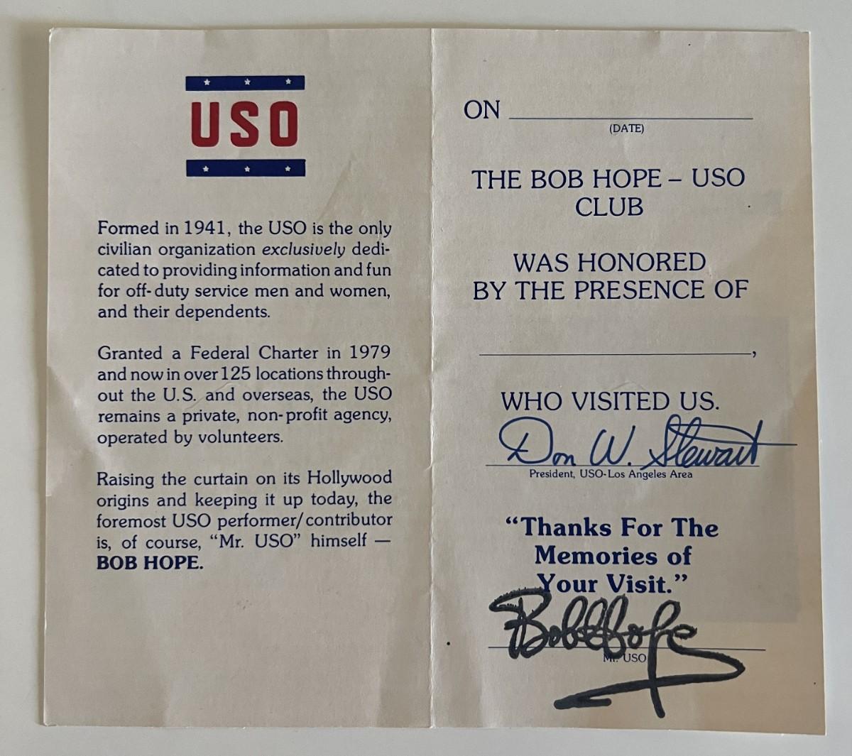Bob Hope facsimile signed USO card | EstateSales.org