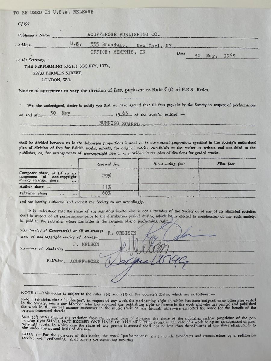 Roy Orbison and Joe Melson signed contract | EstateSales.org